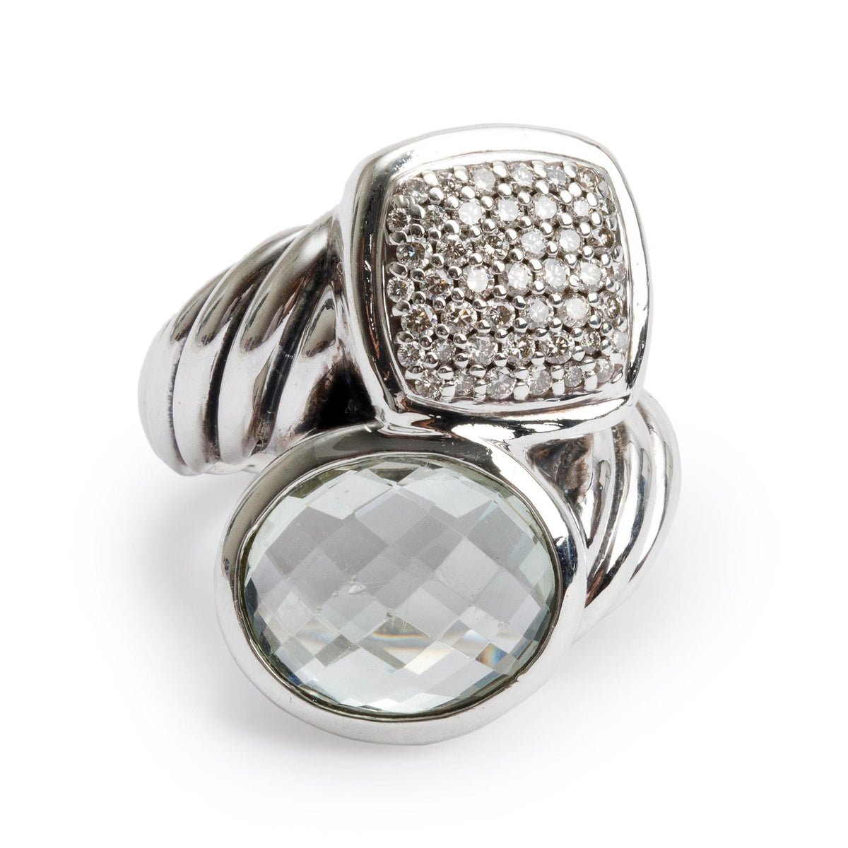 David Yurman Sterling Silver Prasiolite & Diamond Bypass Cable Ring, S – Oliver Jewellery