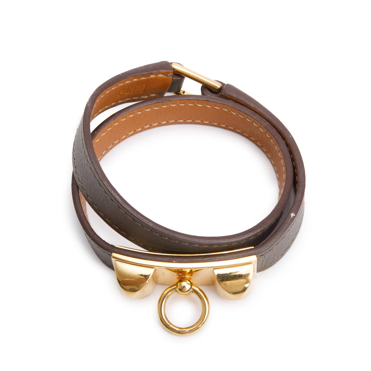 Hermes Gold Plated Rivale Double Tour Etoupe Leather Bracelet, Size S – Oliver Jewellery