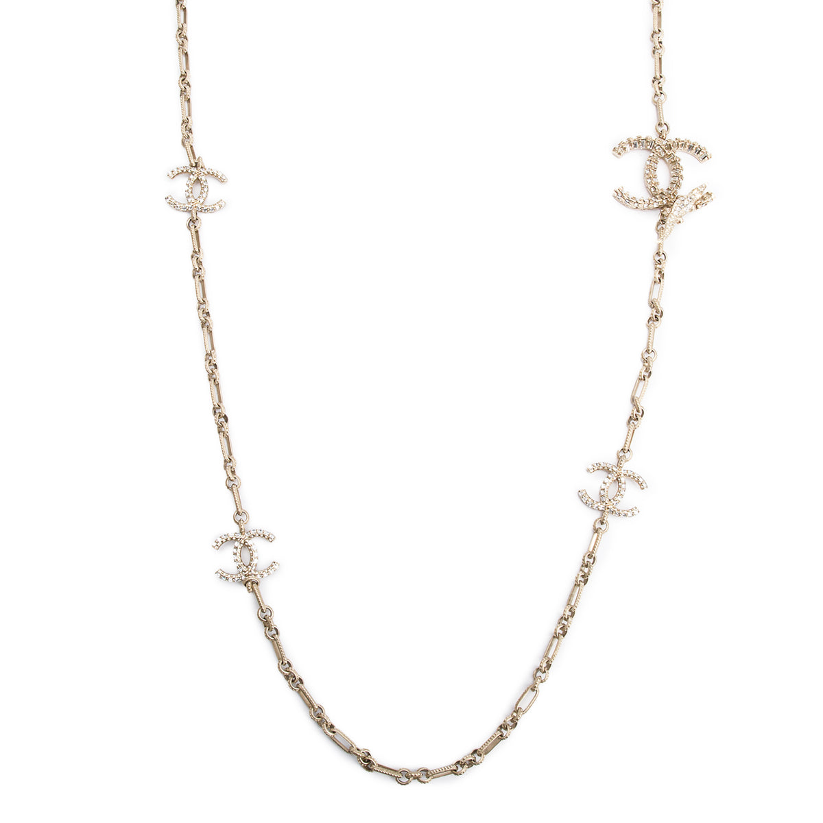Chanel Gold Plated Strass CC Alligator Chain Long Necklace w/ Box ...