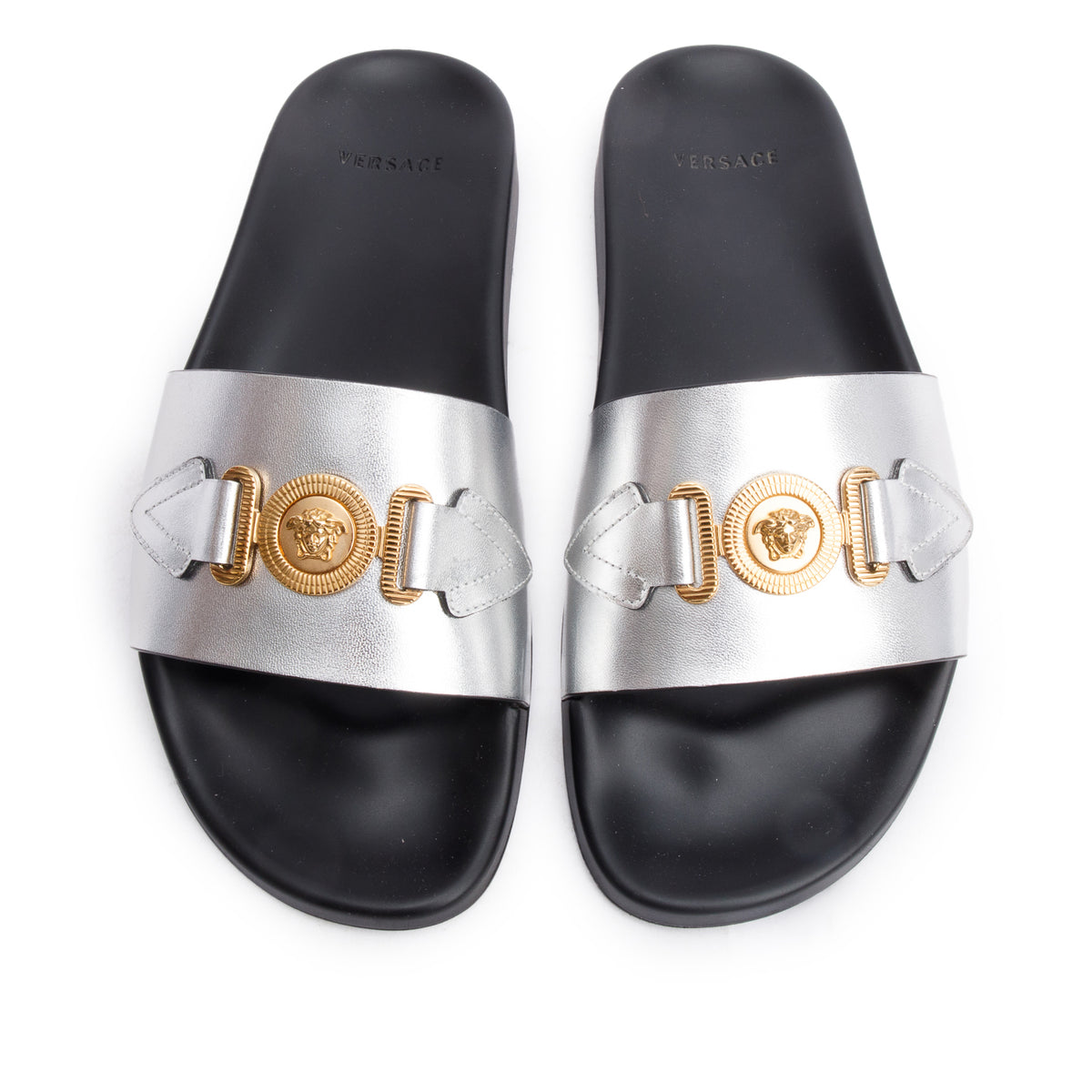 Versace Metallic Silver Leather Black Rubber Palazzo Pool Slides, Men ...