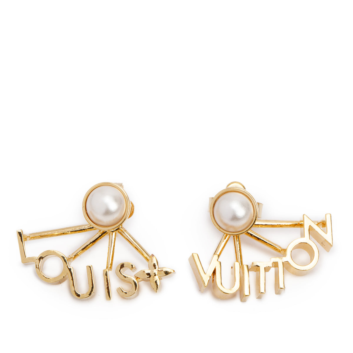 Louis Vuitton 2023 Gold-Plated Faux Pearl LV Spelling Earrings w/ Box ...