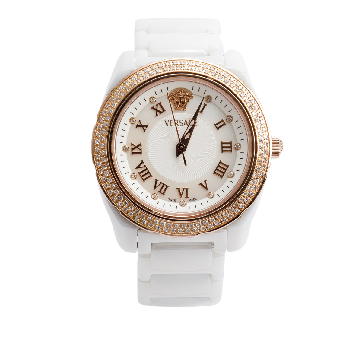 Versace Rose Gold-Plated Stainless Steel & White Ceramic Diamond Bezel ...