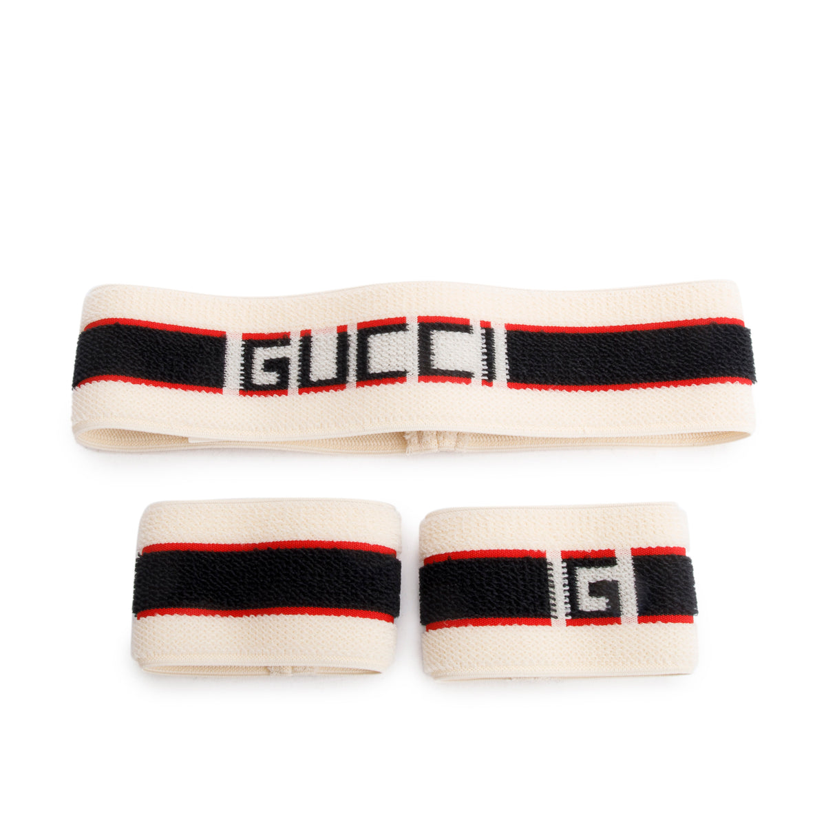 Gucci Creme & Black Web Logo Fabric Elastic Headband and Wrist Bands S ...