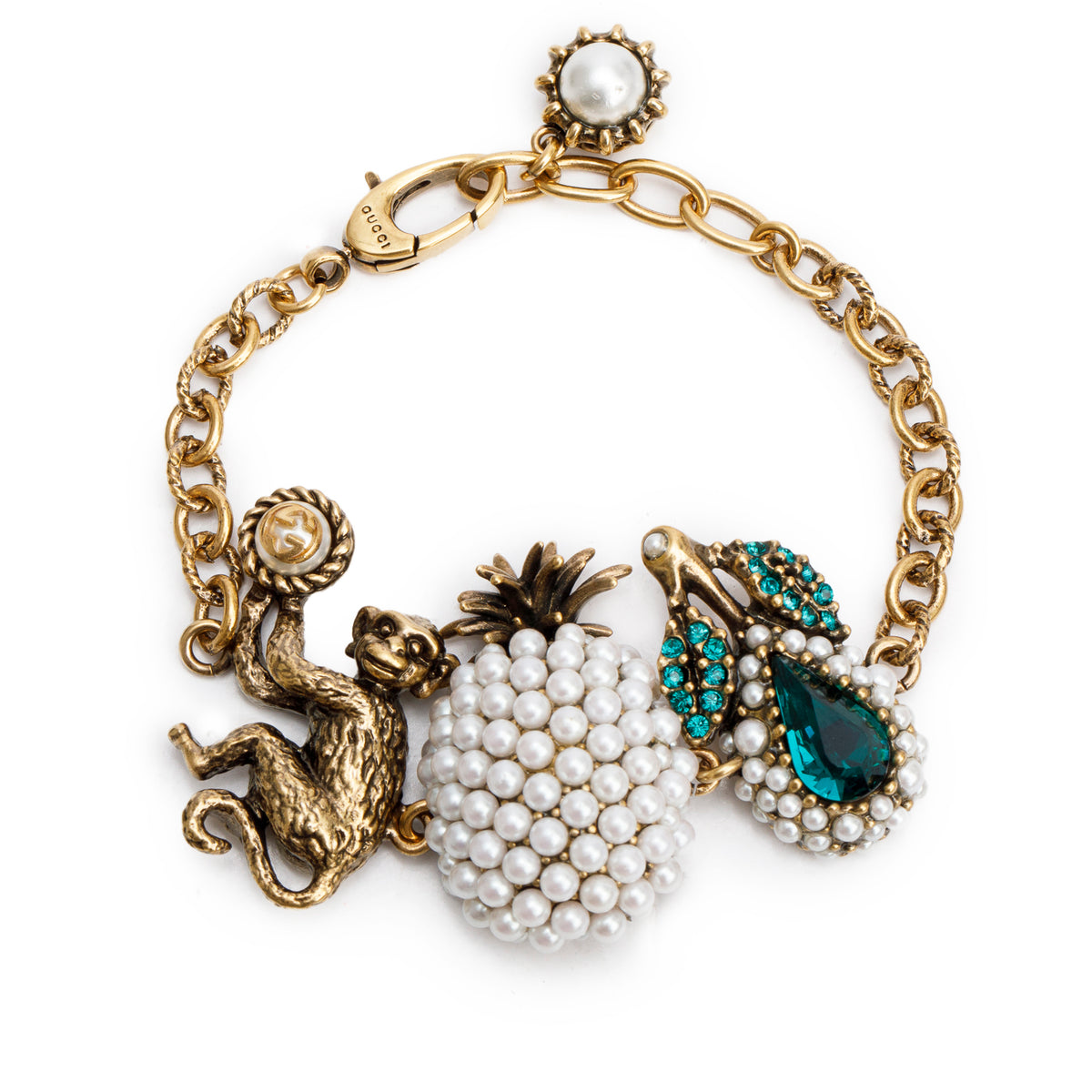 Gucci Gold-Plated Faux Pearl & Rhinestone Monkey & Pineapple Fruit Bra ...