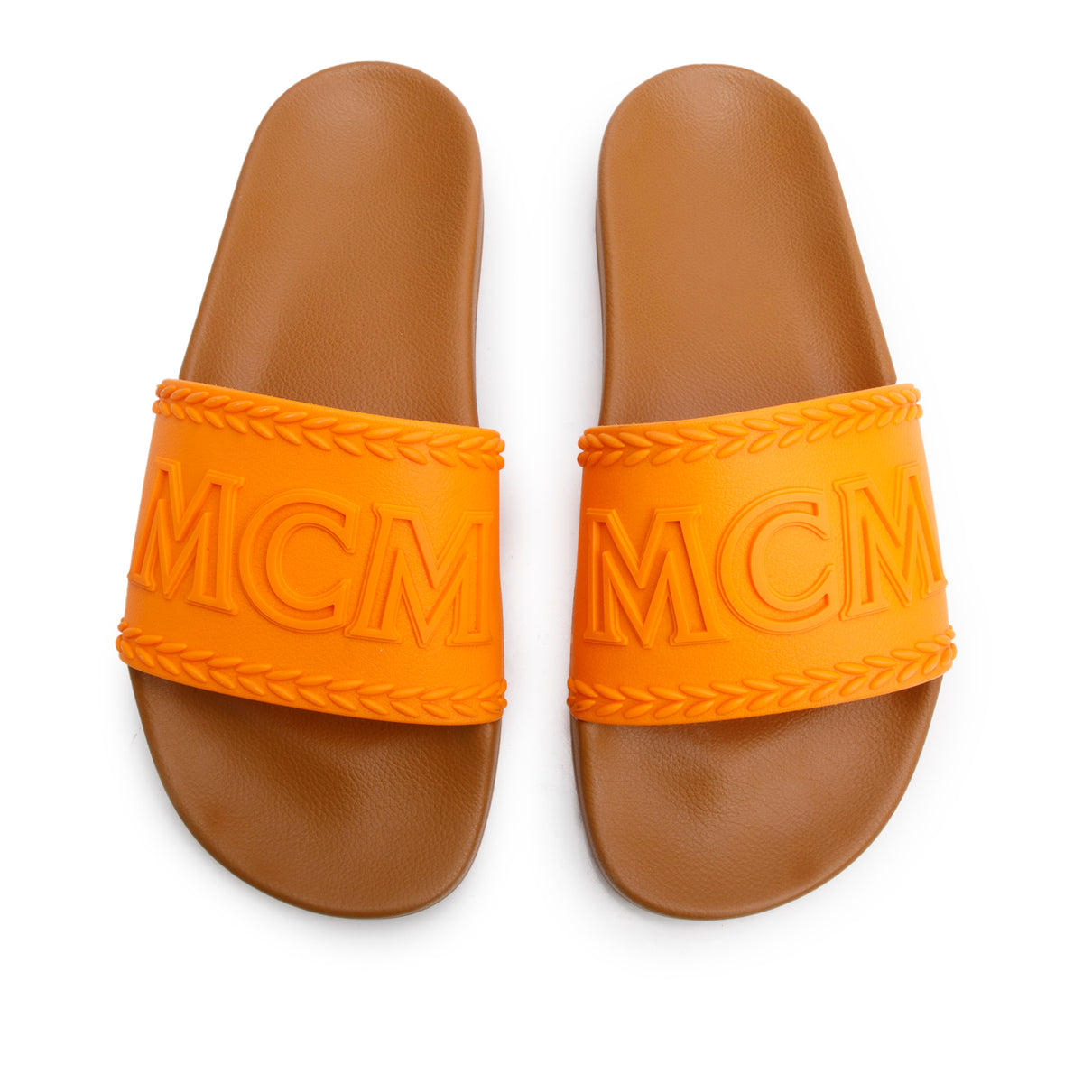 MCM Orange/Tan Rubber Logo Pool Slides, Size 39 – OLIVER'S