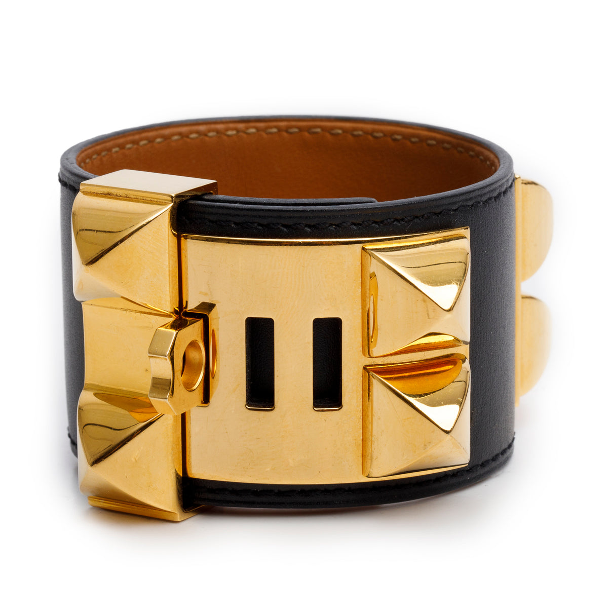 Hermes Gold-Plated Black Box Calfskin Leather Collier de Chien Bracele ...