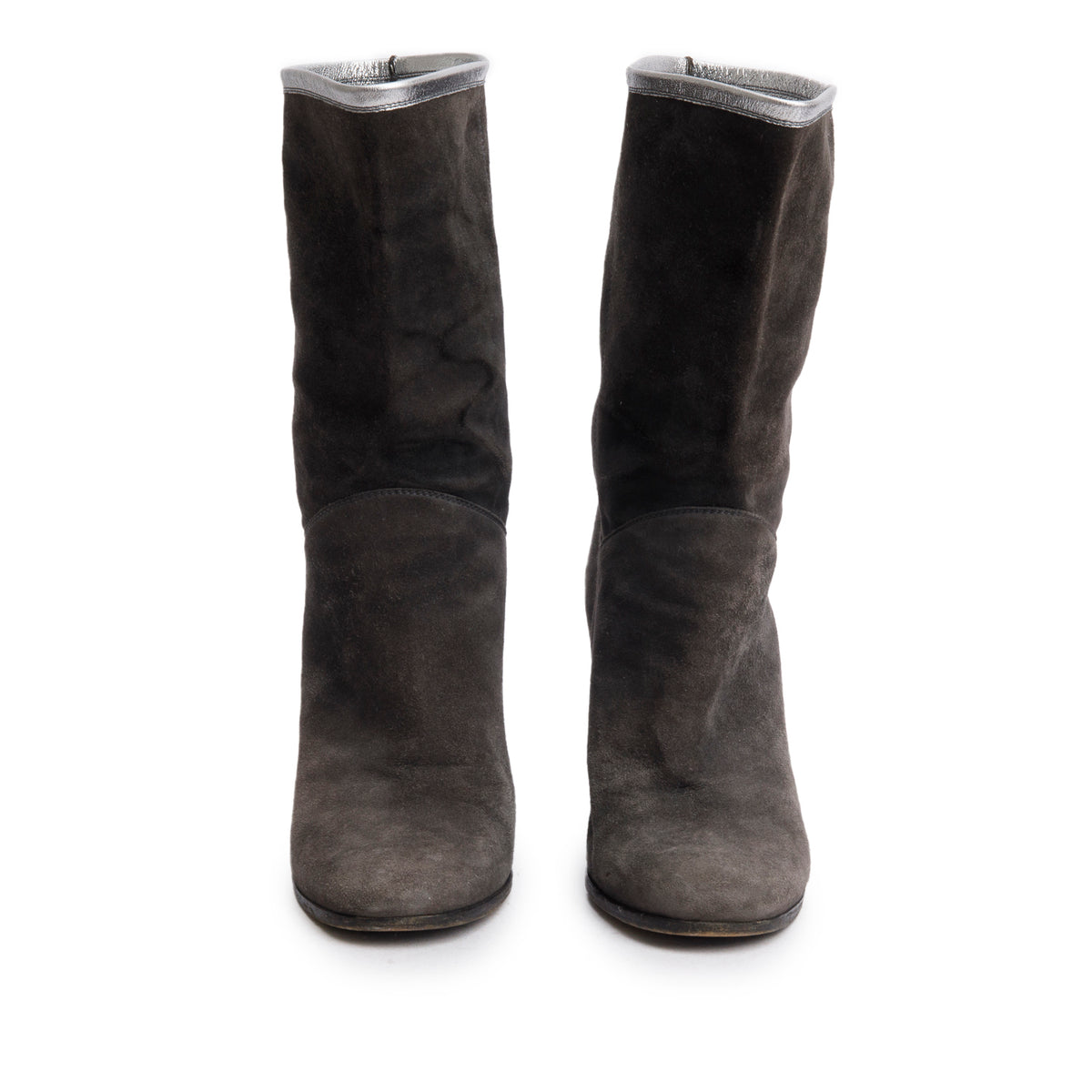 Chanel Grey Suede Interlocking CC Mid Calf Booties, Size 38 w/ Box ...