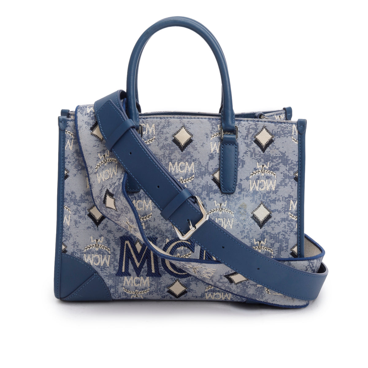 MCM Blue Vintage Monogram Jacquard Small Munchen Tote w/ Strap – OLIVER'S