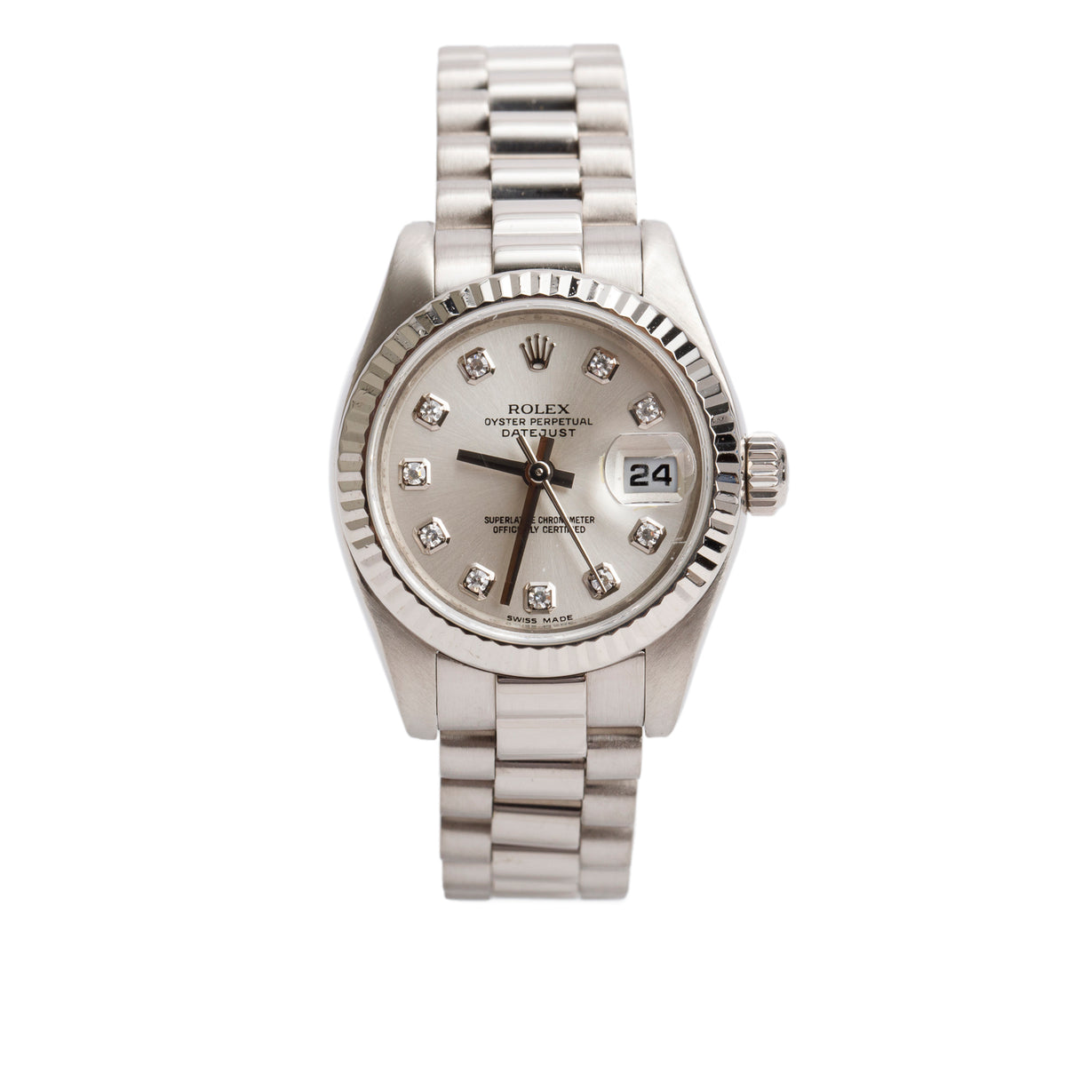 Rolex 18k White Gold Lady-Datejust President 26 MM Automatic Watch Sil ...
