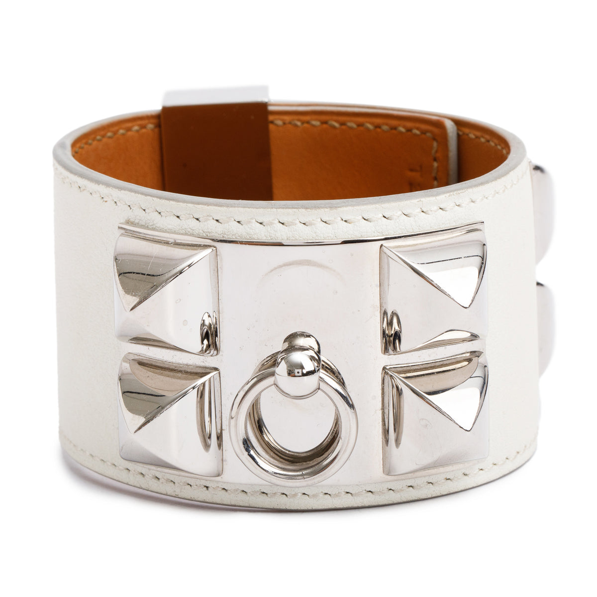 Hermes Palladium-Plated White Box Calfskin Leather Collier de Chien Br ...