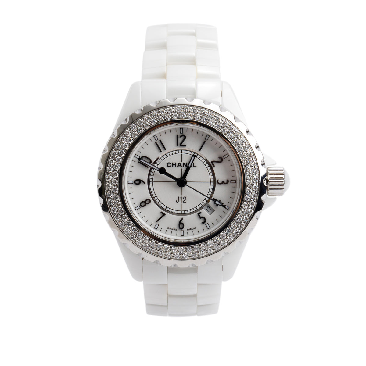 Chanel White Ceramic Diamond Bezel 33 MM J12 Quartz Watch White Dial H ...