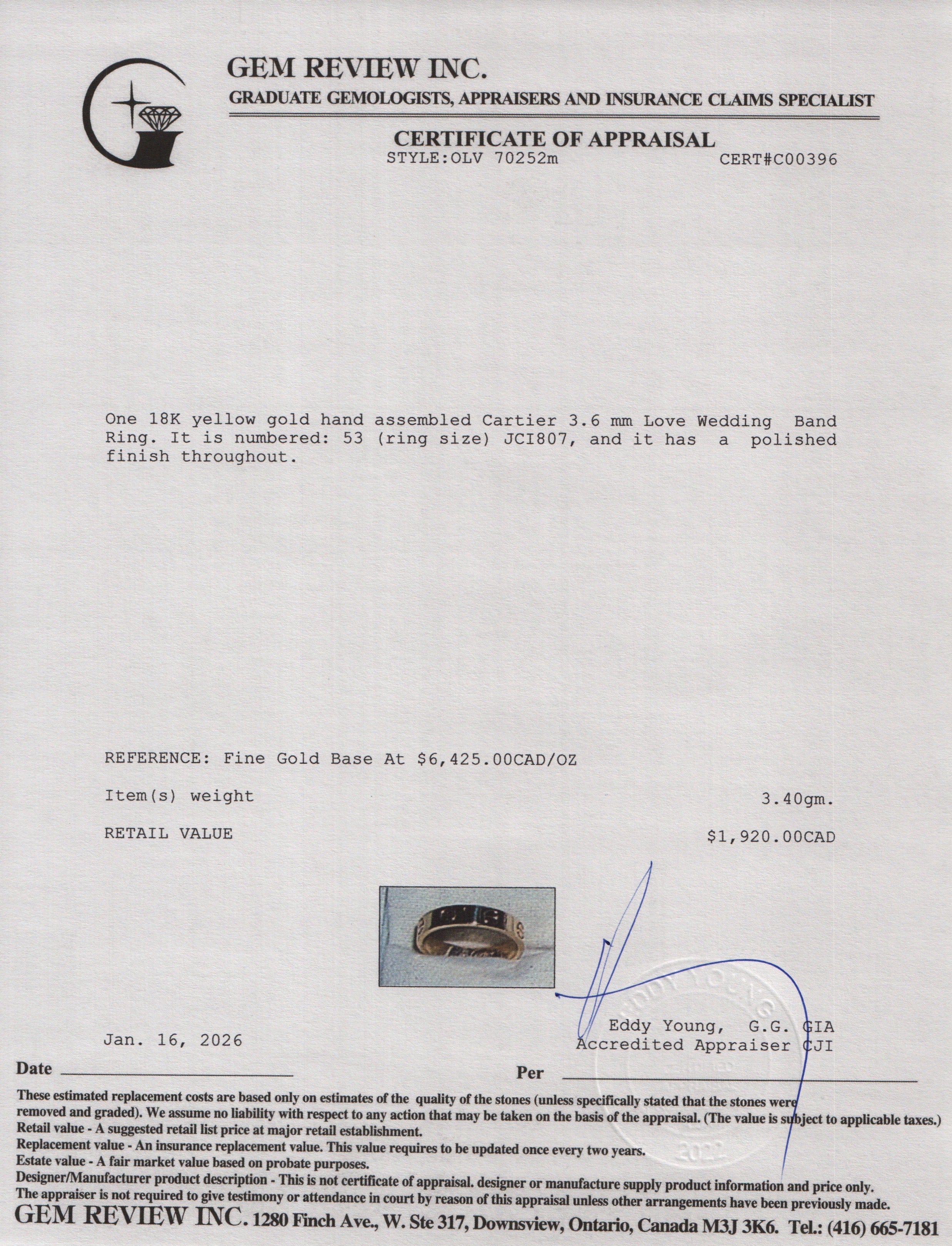 Cartier 18k Yellow Gold 3.6 mm Love Wedding Band Ring, Size 53 6.5 w ...