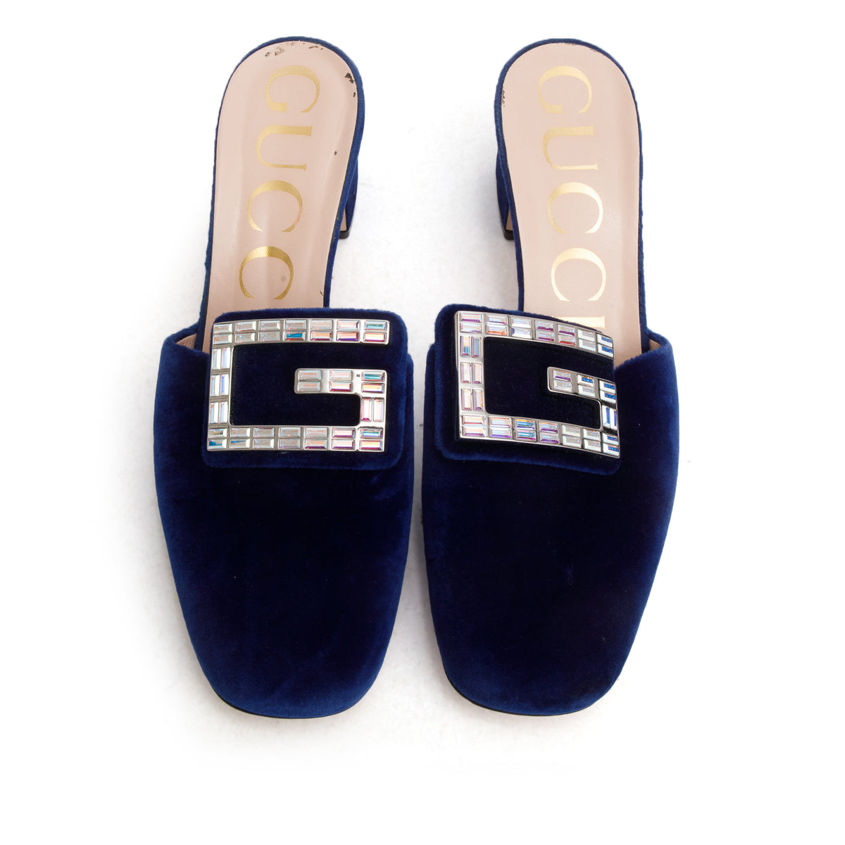 Gucci Blue Velvet Madelyn Crystal Logo Mules Sandals, Women's Size 37 ...