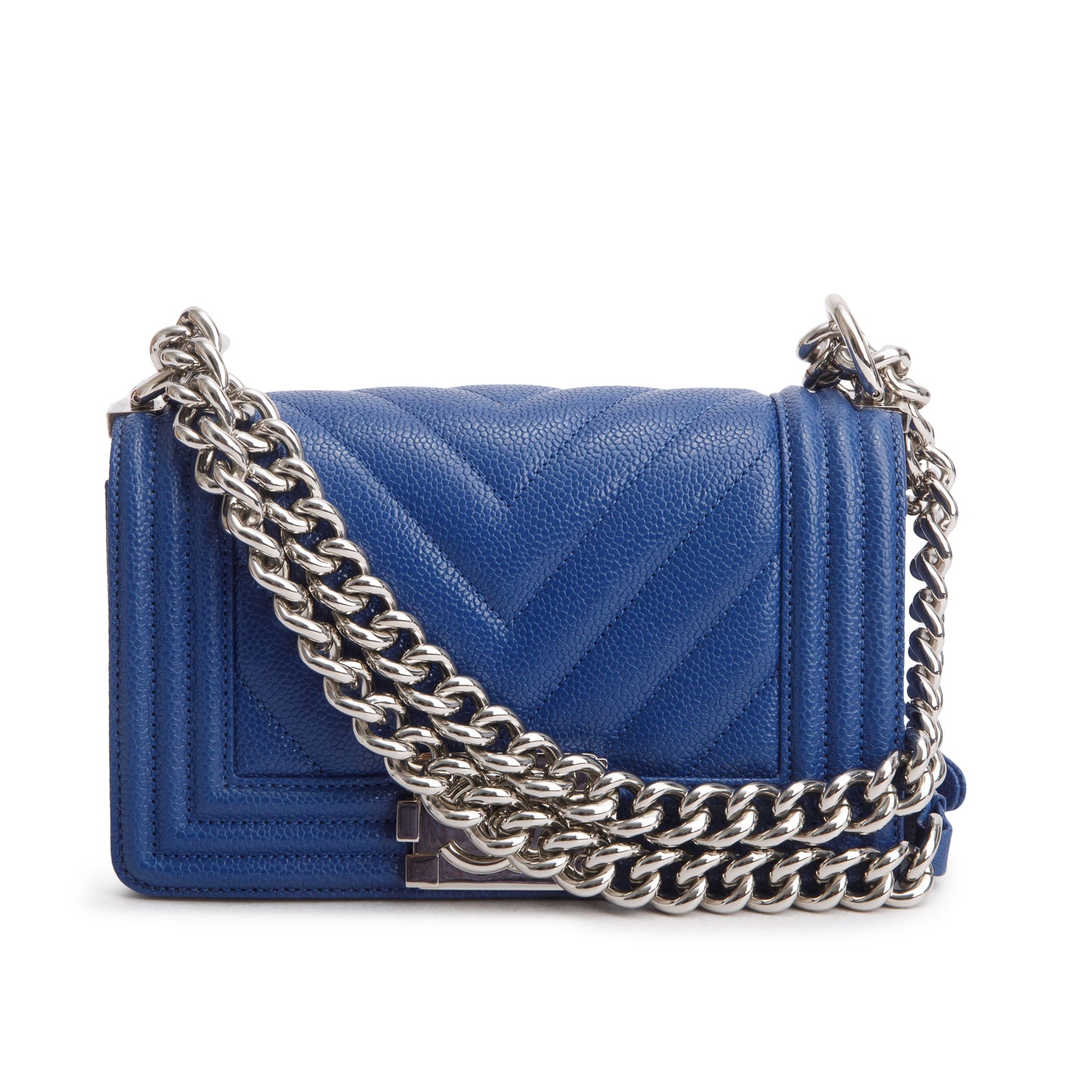 Chanel Blue Chevron Quilted Caviar Small Boy Bag w/ Authenticity Card ...