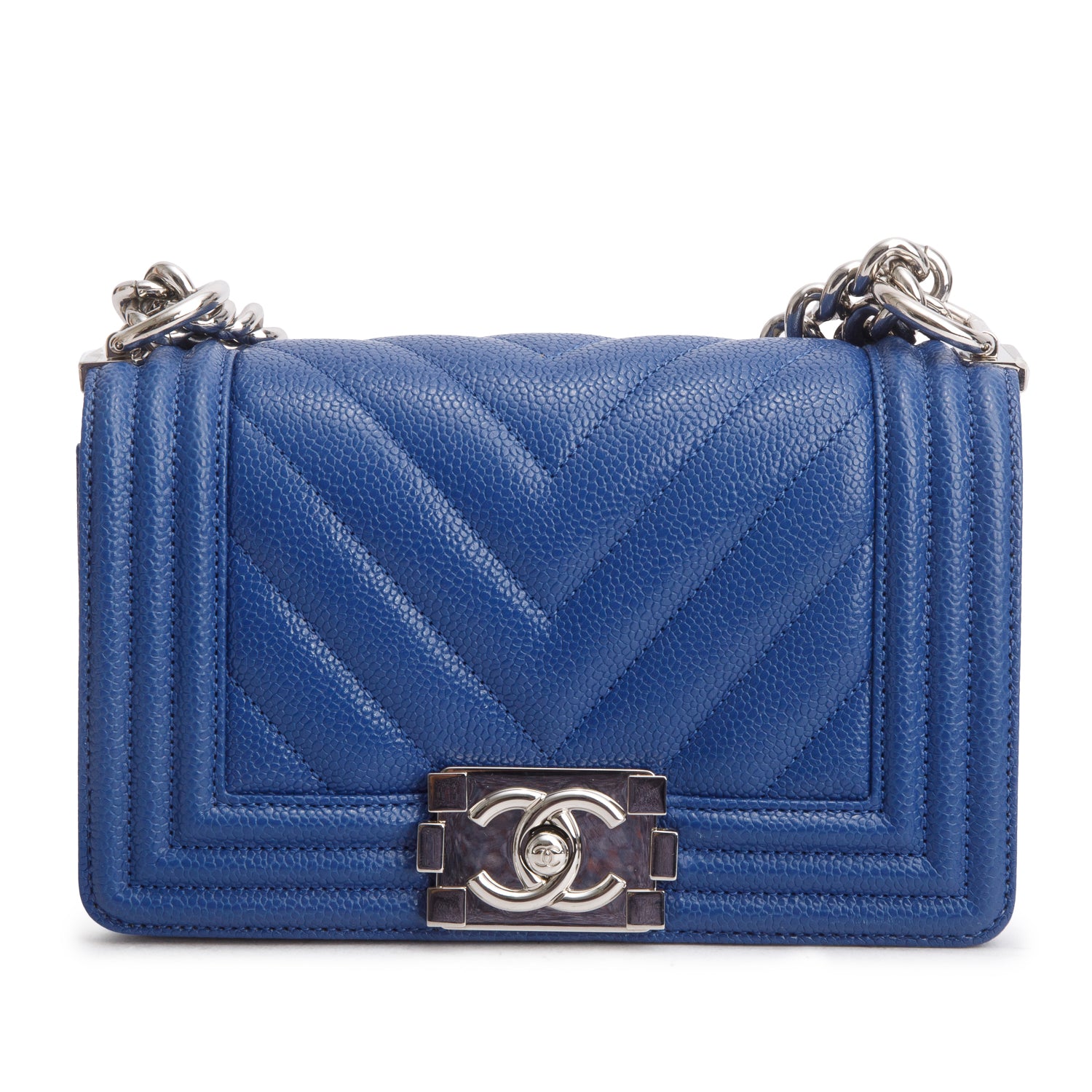 Chanel Blue Chevron Quilted Caviar Small Boy Bag w/ Authenticity Card ...