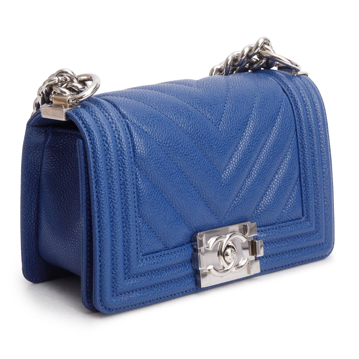 Chanel Blue Chevron Quilted Caviar Small Boy Bag w/ Authenticity Card ...