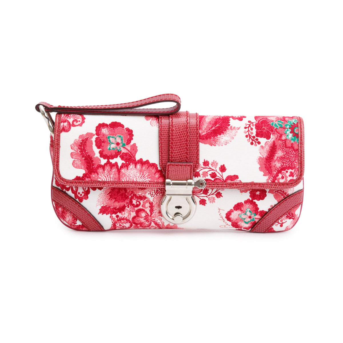 Burberry Pink Floral Print Canvas Python Trim Wristlet Clutch w/ Strap ...