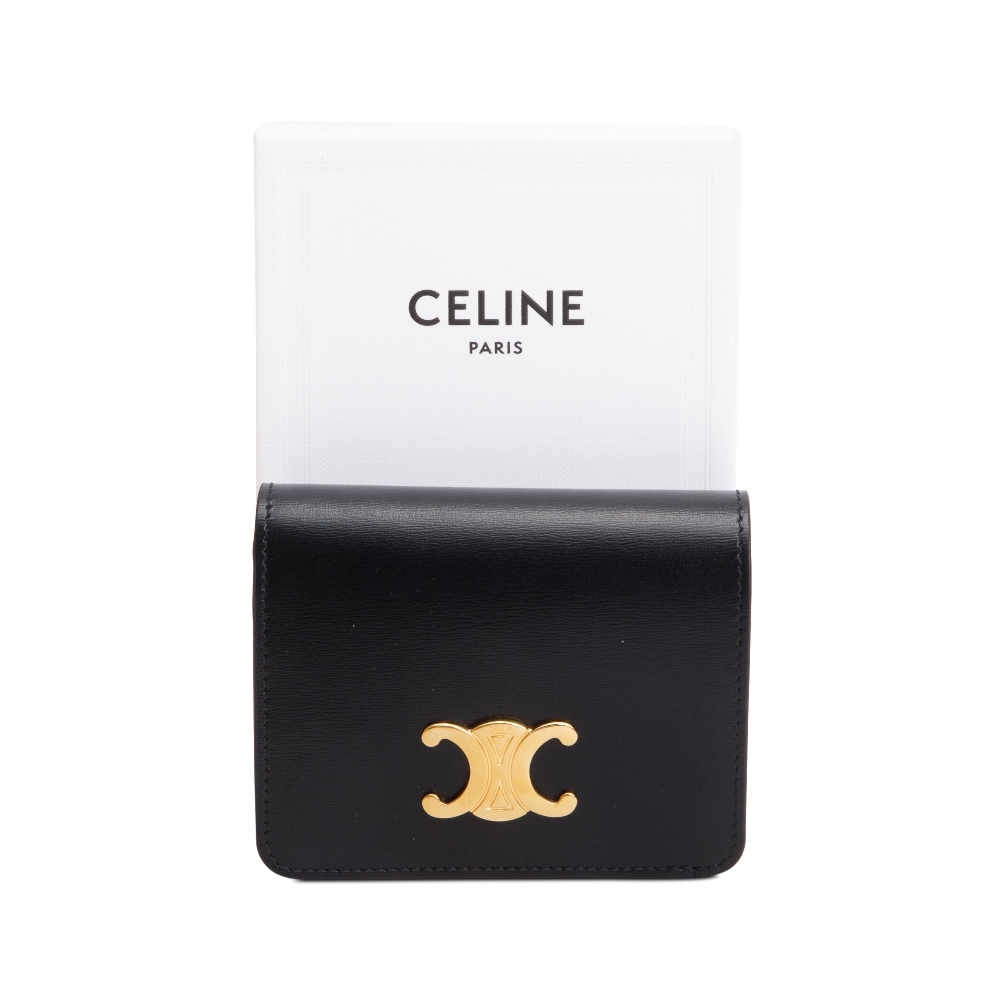 Celine 2023 Black Shiny Calfskin Leather Triomphe Compact Wallet w/ Bo ...