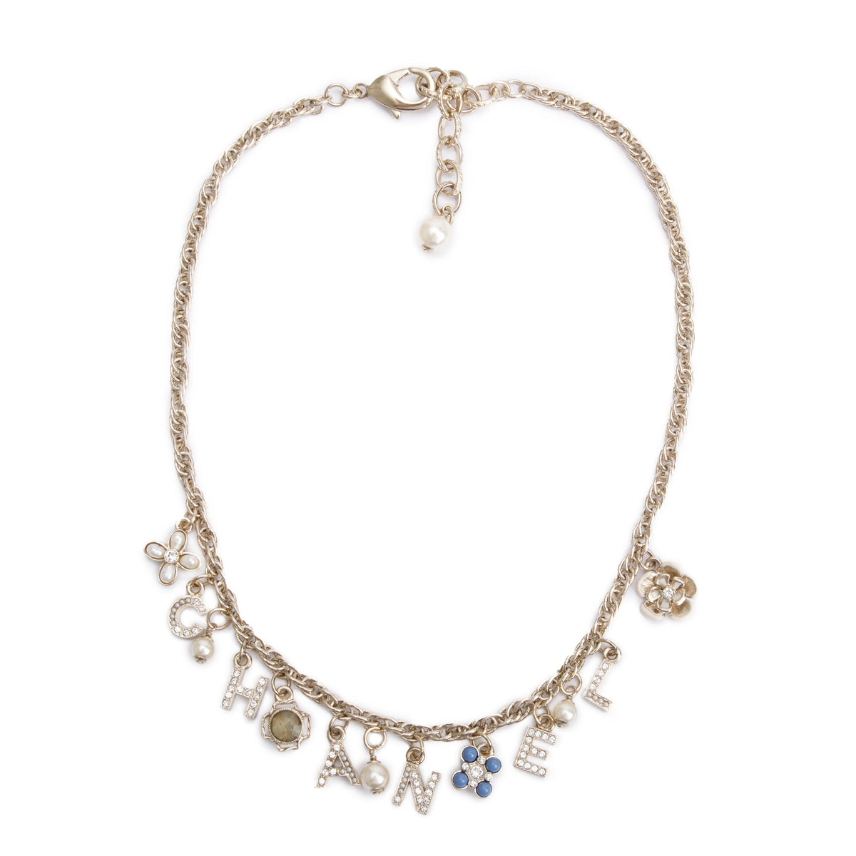 Chanel 2019 Gold-Plated Faux Pearl, Enamel & Strass 'CHANEL' Charm Nec ...