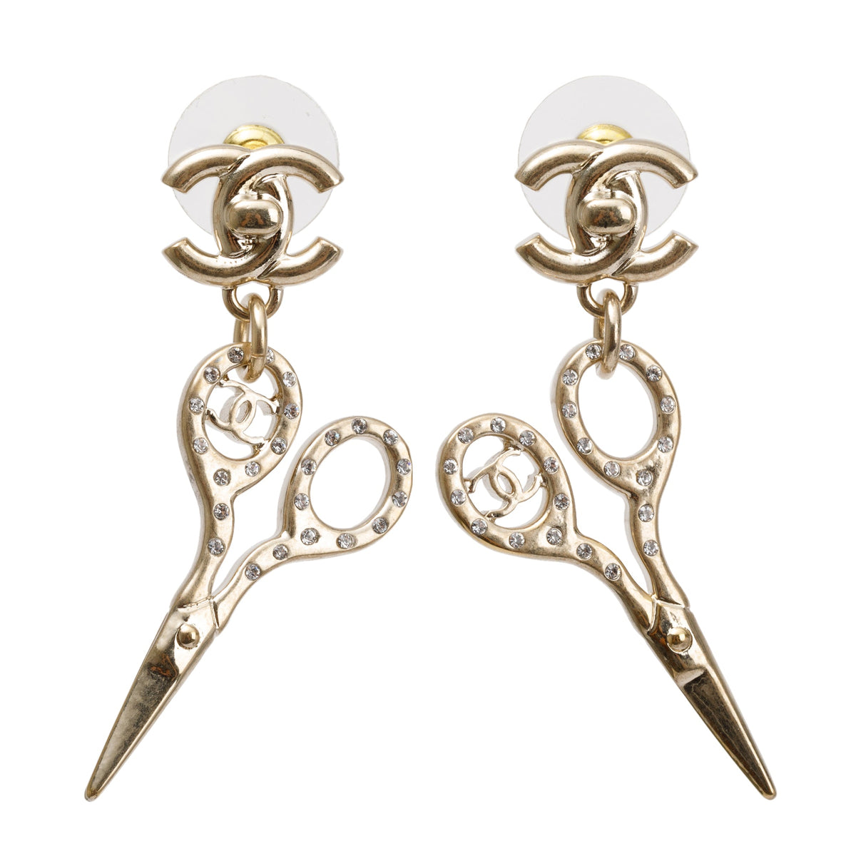 Chanel 2021 Gold Plated Crystal Scissor CC Drop Earrings – OLIVER'S