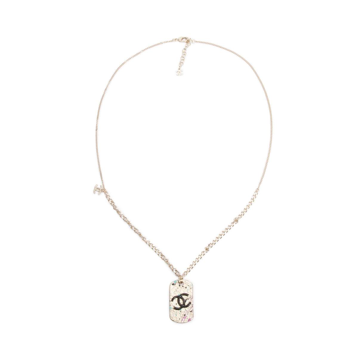 Chanel 2021 Gold-Plated Metal & Resin CC Dog Tag Pendant Necklace w/ B ...