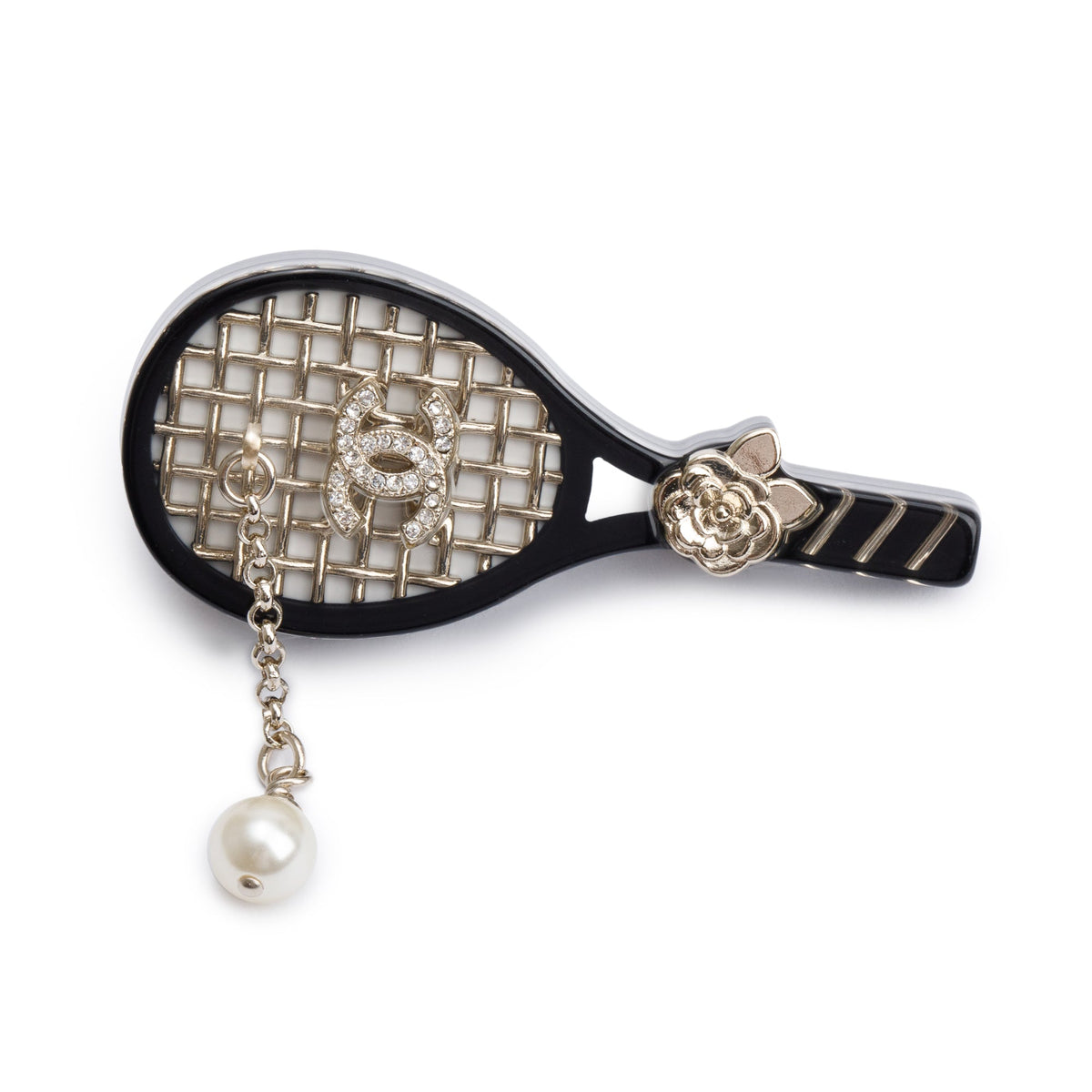 Chanel 2021 Gold Plated Resin, Faux Pearl & Strass Tennis Racket Brooc ...