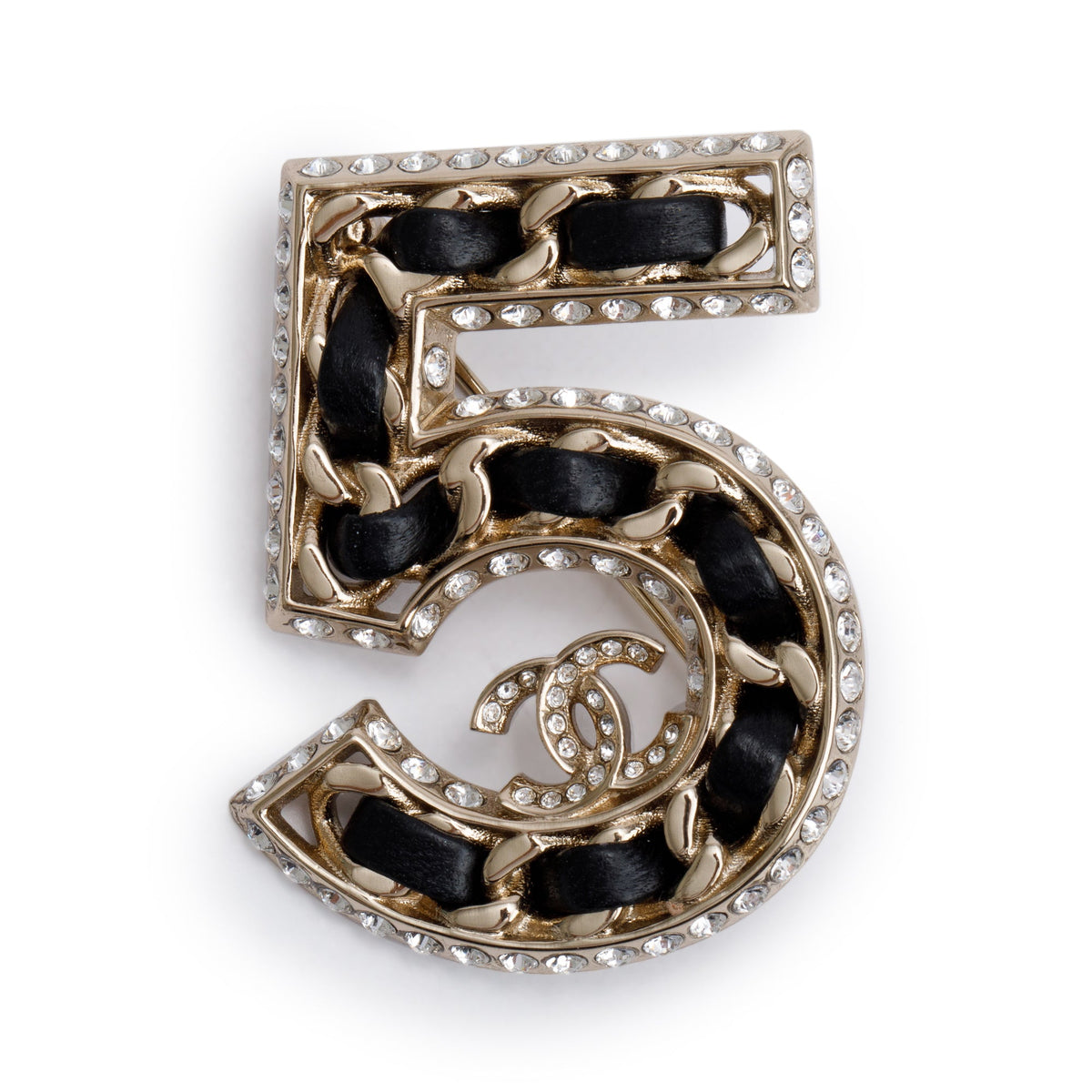 Chanel 2023 Gold Plated Strass & Black Leather 'Number 5' Brooch w/ Bo ...