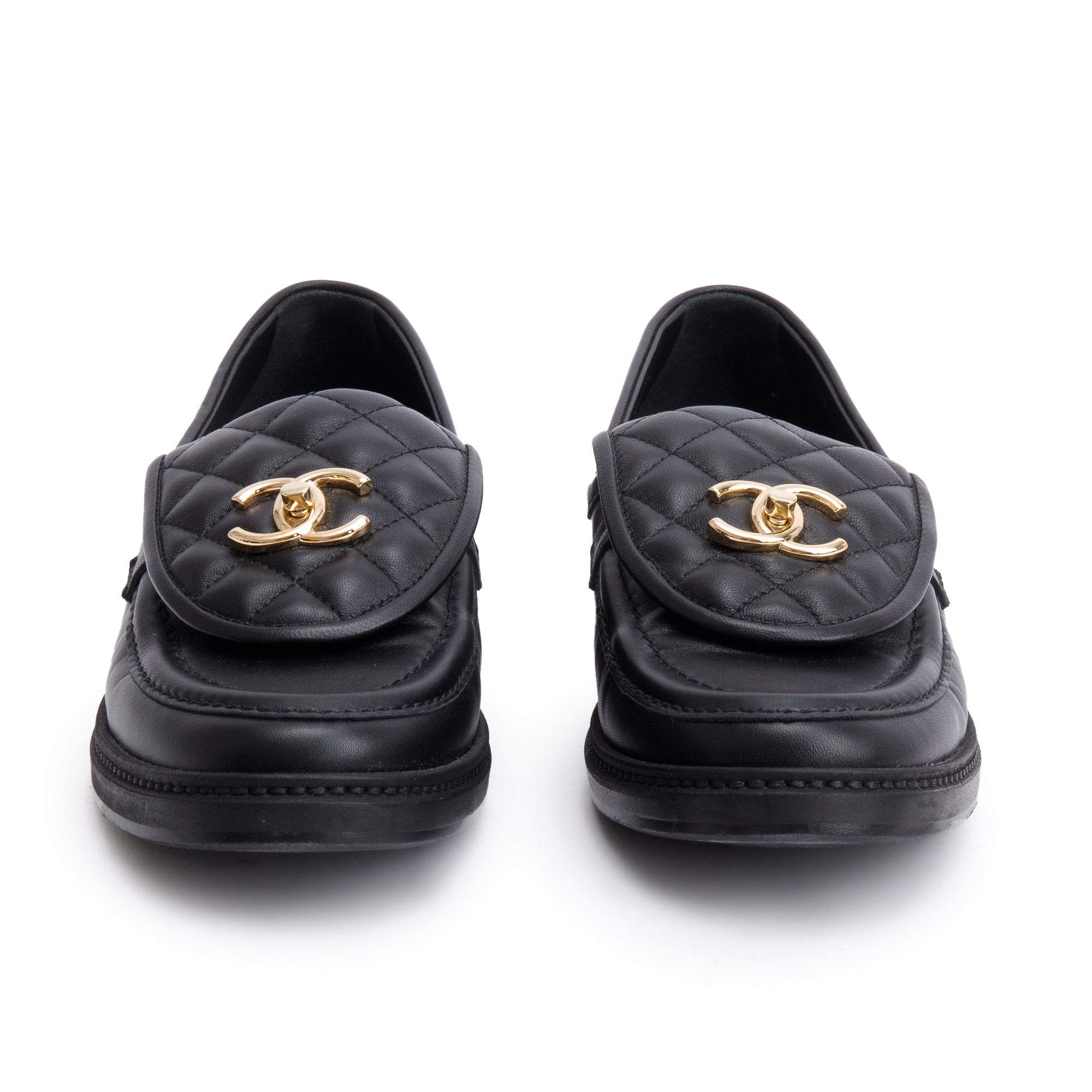 Chanel Black Calfskin Leather Quilted CC Logo Loafer, Size 38.5 w/ Box ...