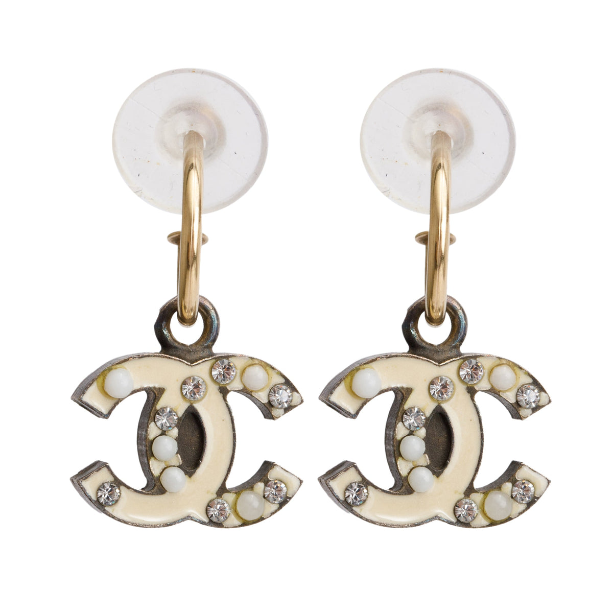 Chanel Gold Plated White Enamel Crystal CC Drop Earrings – OLIVER'S