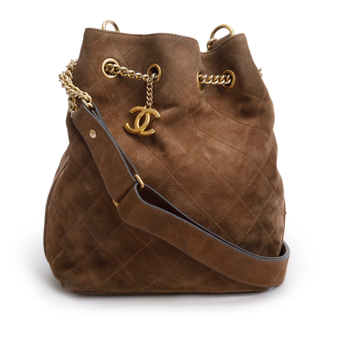 Chanel Brown Suede Quilted On My Shoulder Drawstring Bag – OLIVER'S