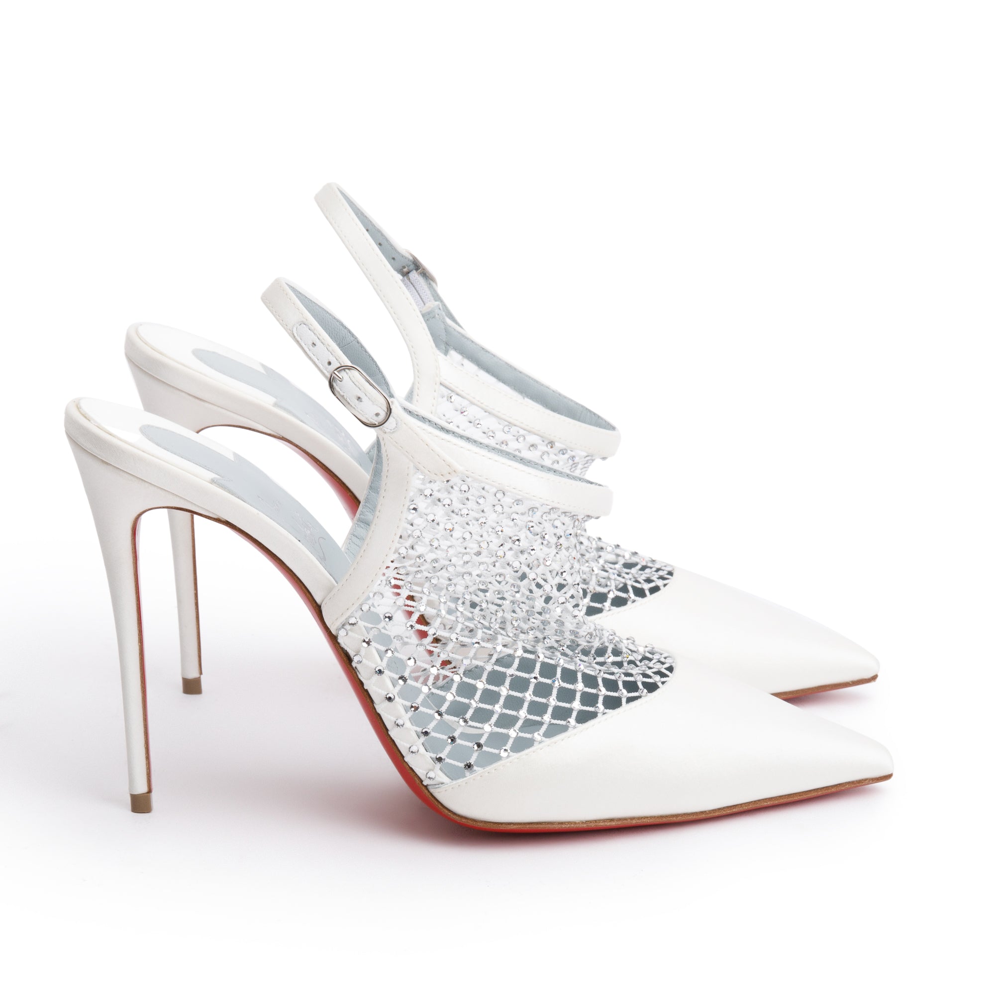 Christian Louboutin White Satin Mesh Strass Plougesta Slingback Pumps ...