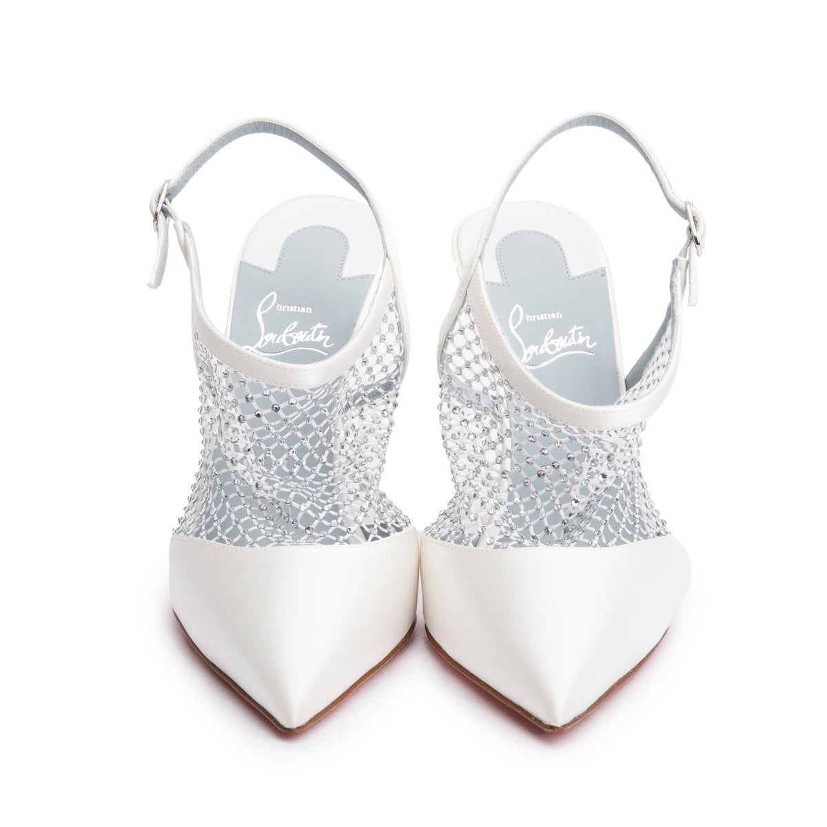 Christian Louboutin White Satin Mesh Strass Plougesta Slingback Pumps ...