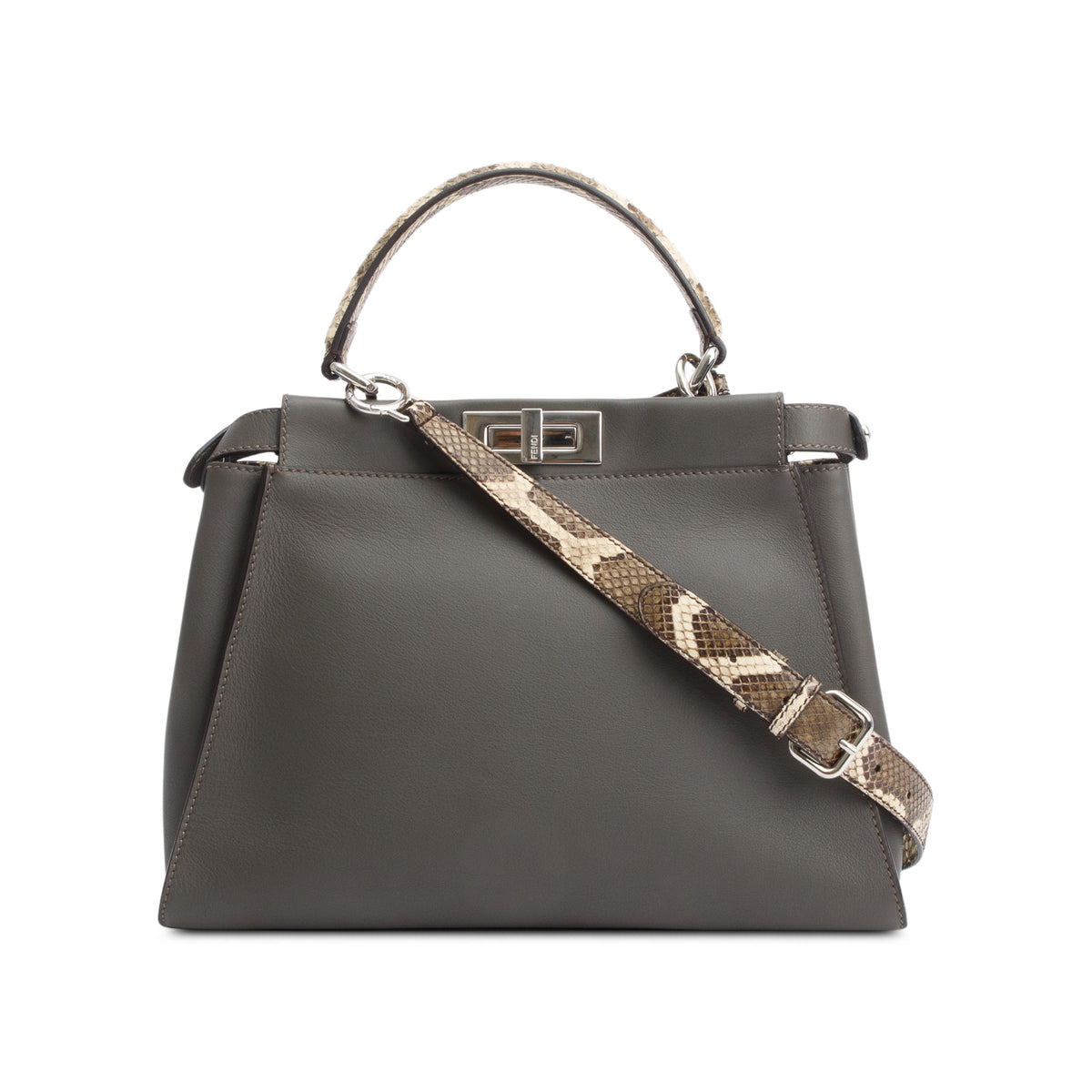 Fendi Grey Calfskin Leather Python Trim Medium Peekaboo Bag w/ Strap ...
