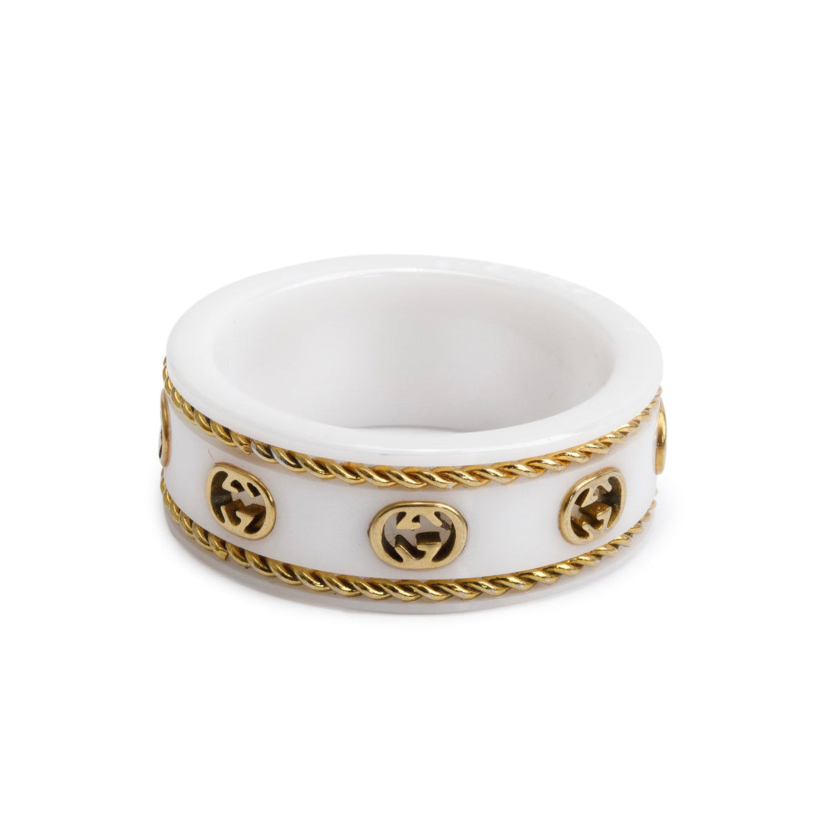 Gucci 18k Yellow Gold & White Ceramic Interlocking G Icon Band Ring, S ...