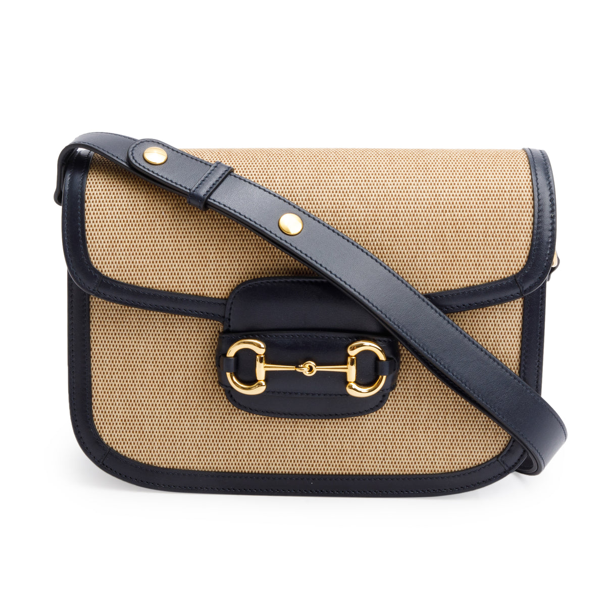 Gucci Beige Vintage Rice Canvas Black Leather Trim Horsebit 1955 Small ...