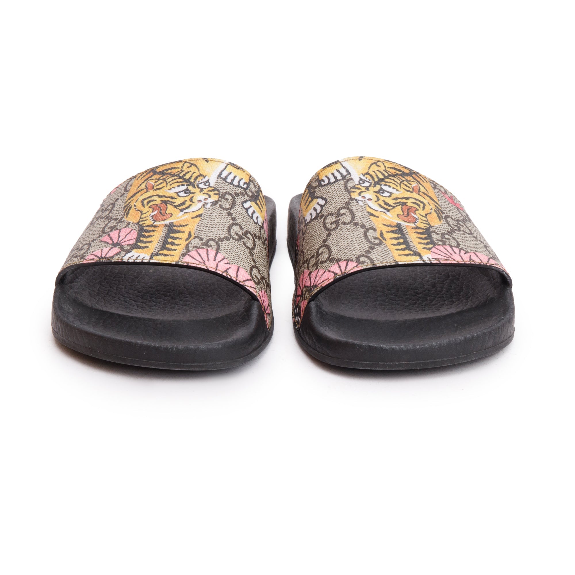 Gucci GG Supreme Tiger Canvas Black Rubber Slide Sandals, Size 35 ...