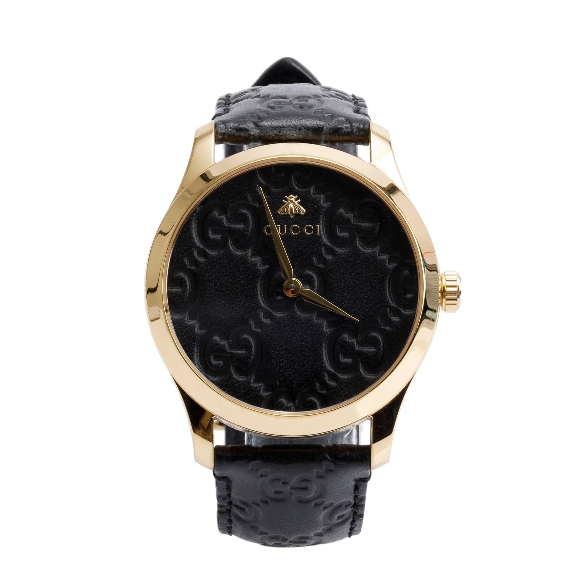 Gucci Gold Plated Stainless Steel G-Timeless 38 MM Black Signature Lea ...