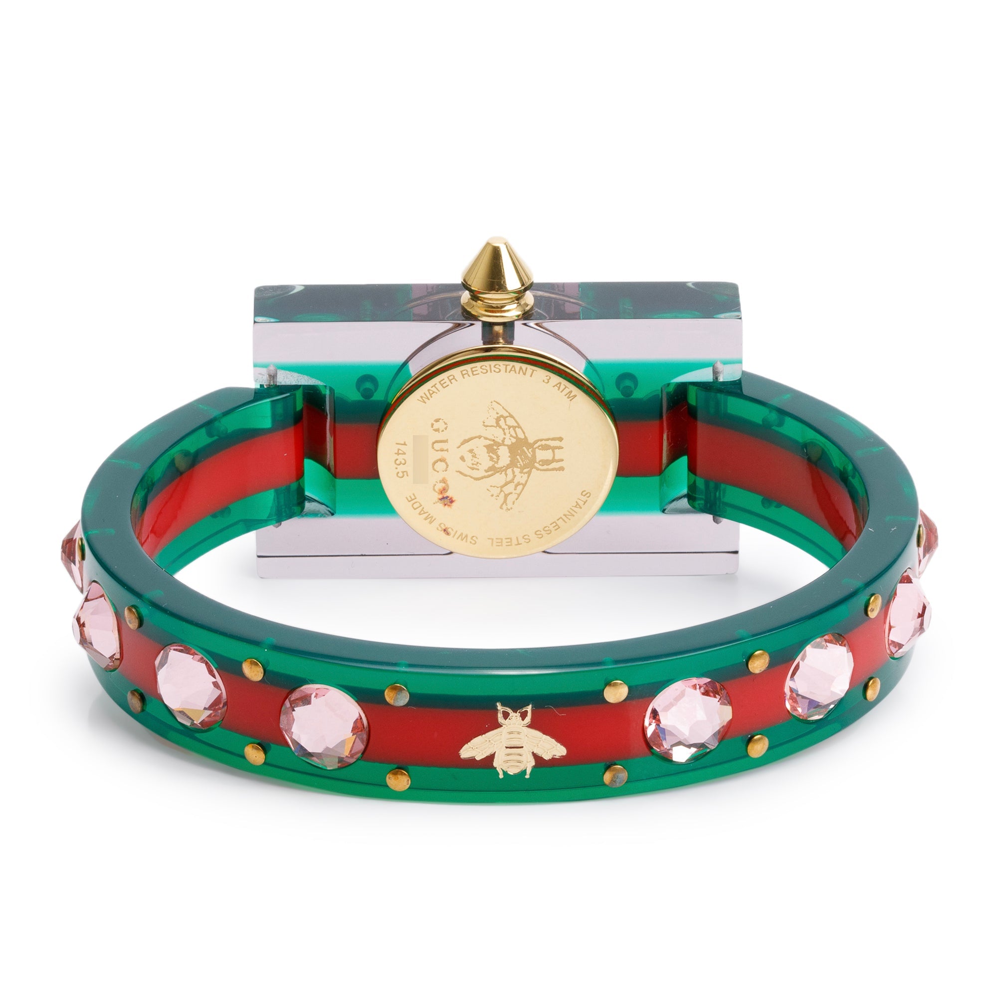 Gucci Gold Plated Stainless Steel Vintage Green & Red Web Pink Crystal ...