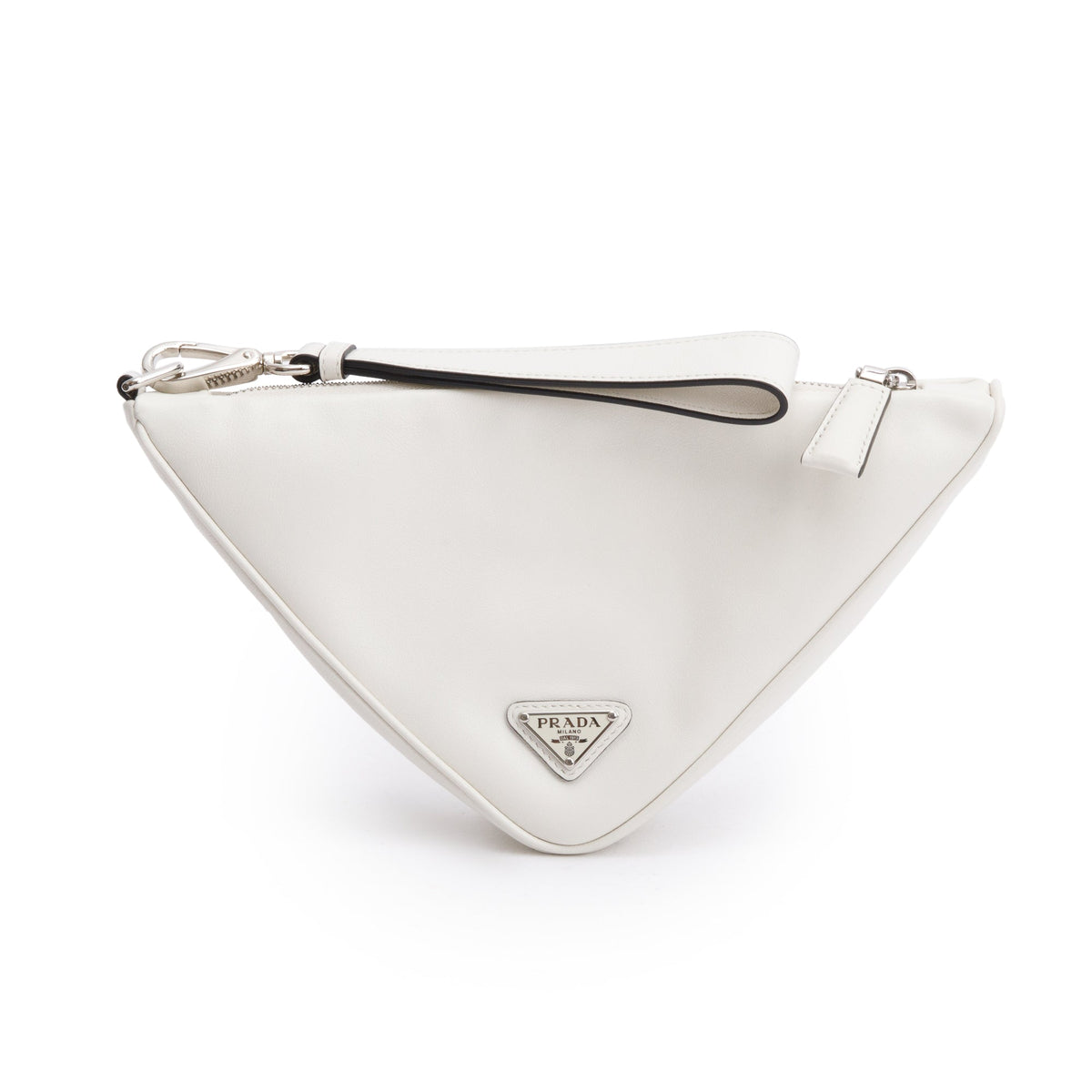 Prada White Grace Lux Leather Triangle Wristlet Clutch w/ Box & Authen ...