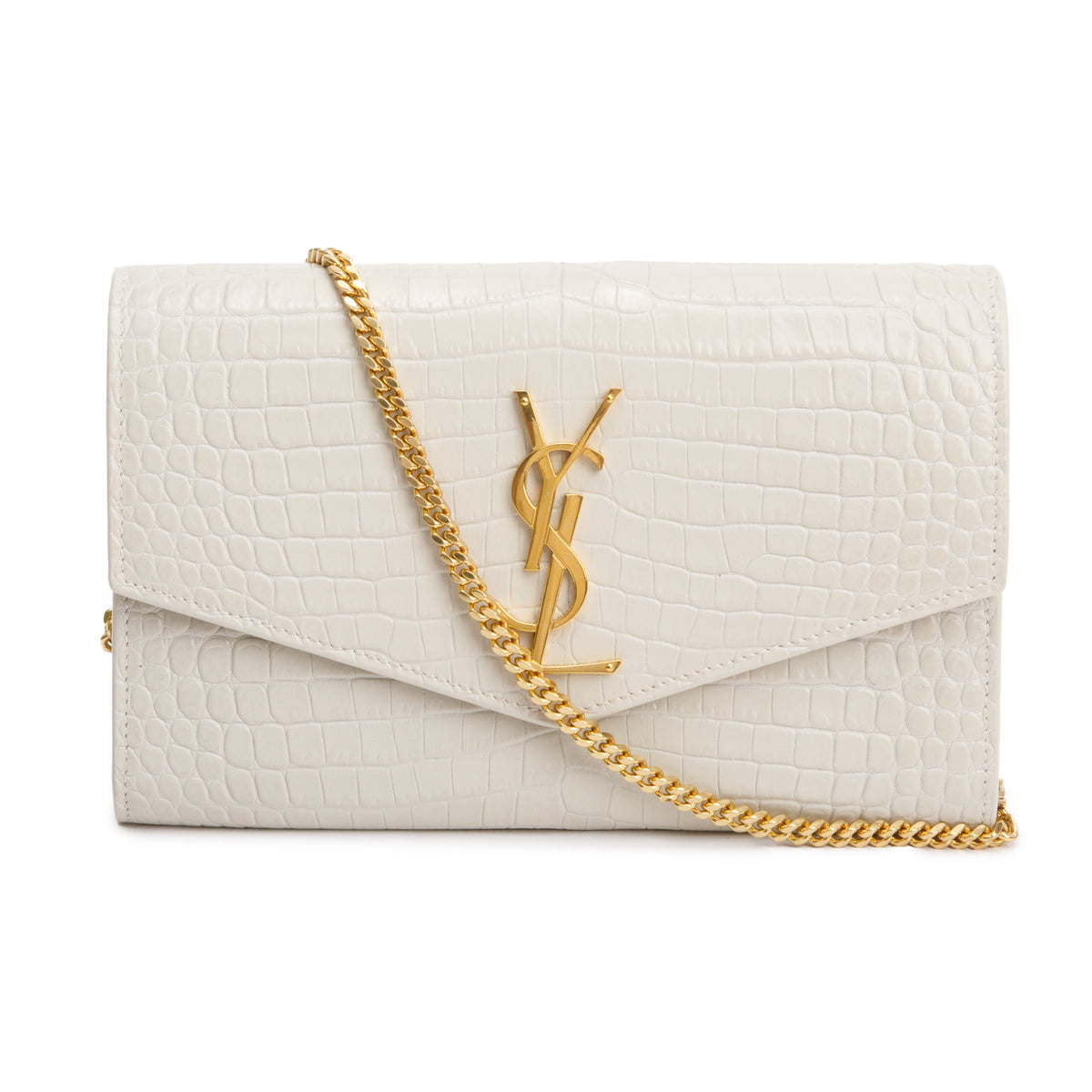 Saint Laurent 2021 Neutral Crocodile Embossed Leather Uptown Chain Wal ...