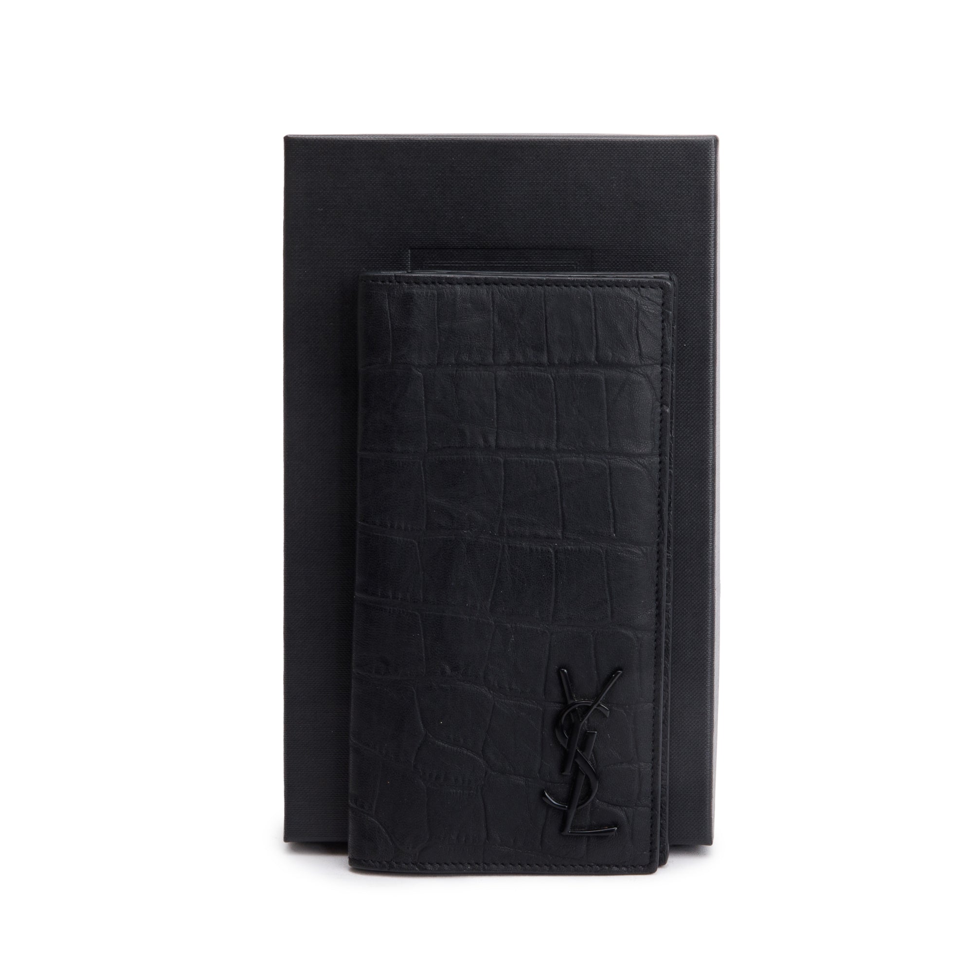 Saint Laurent Black Crocodile-Embossed Leather Cassandre Continental W ...
