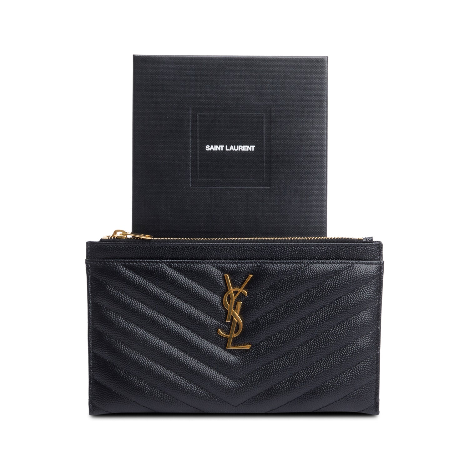 Saint Laurent Black Grain De Poudre Embossed Leather Cassandre Matelas ...