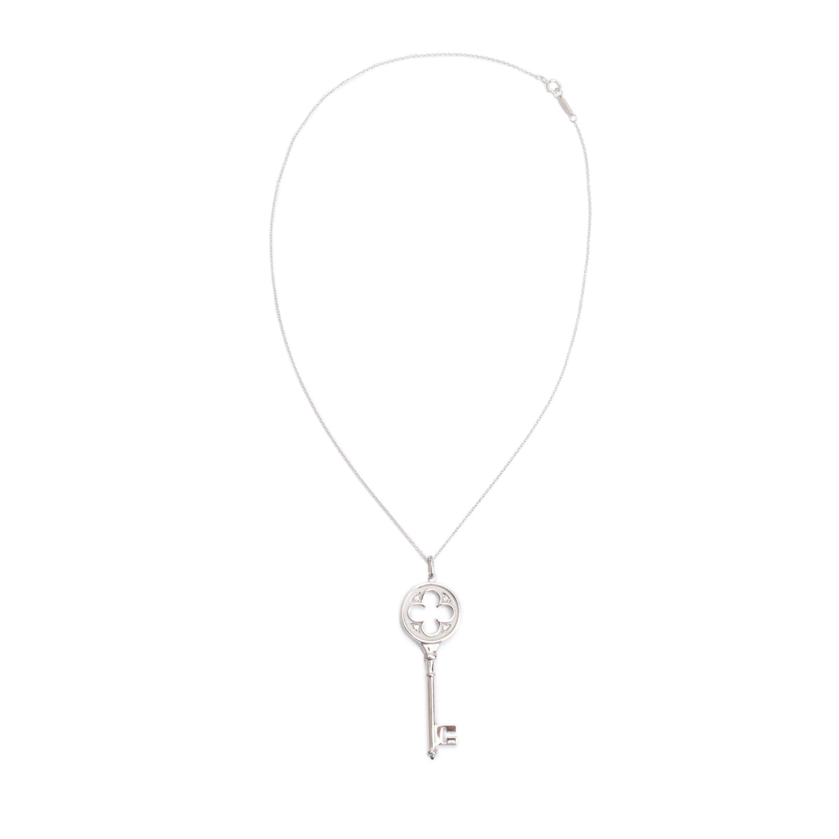 Tiffany & Co. 18k White Gold Diamond Clover Key Pendant Necklace w/ Bo ...