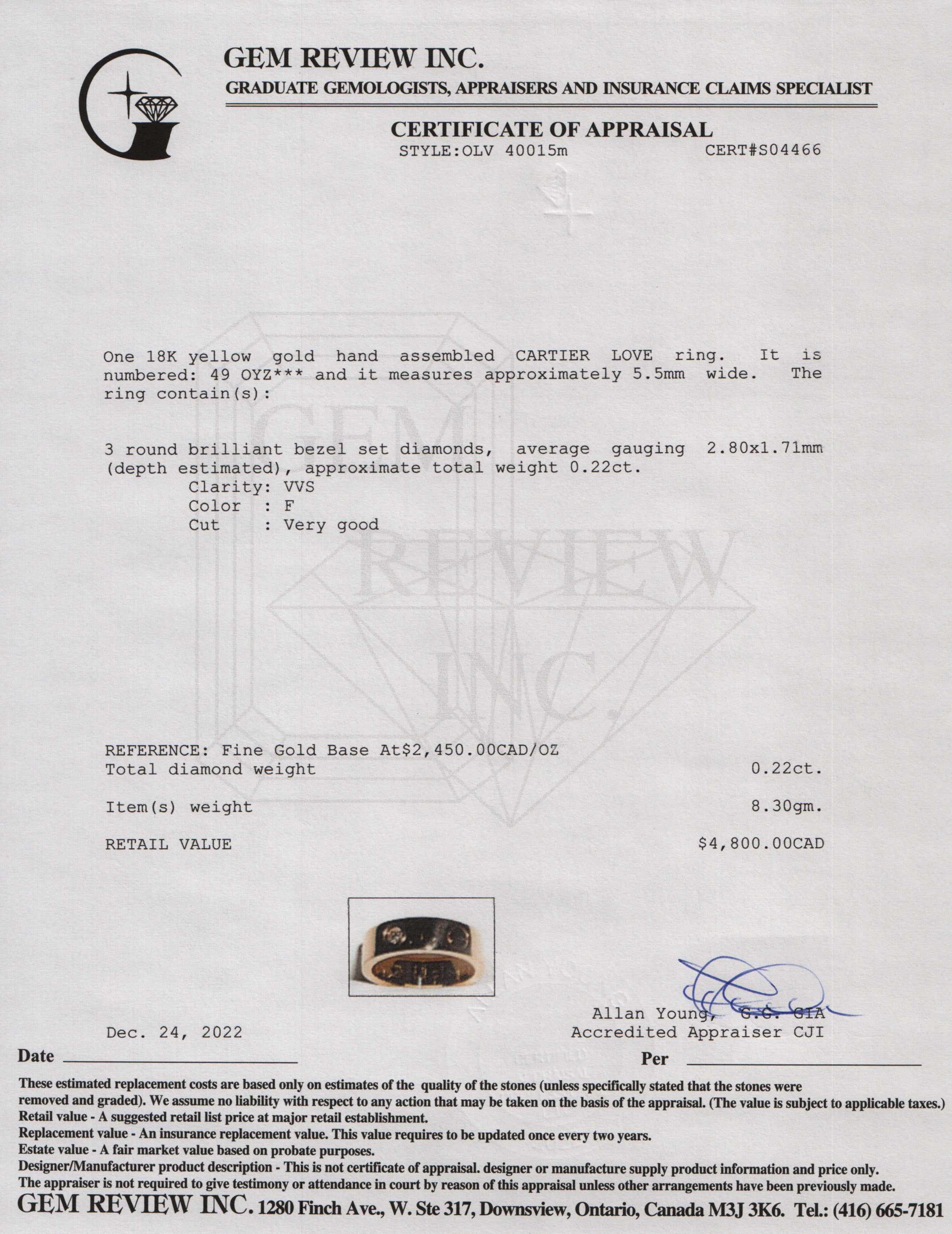 Cartier 18k Gold Love Ring with 3 Diamonds w/ Box, Receipt & Certifica ...